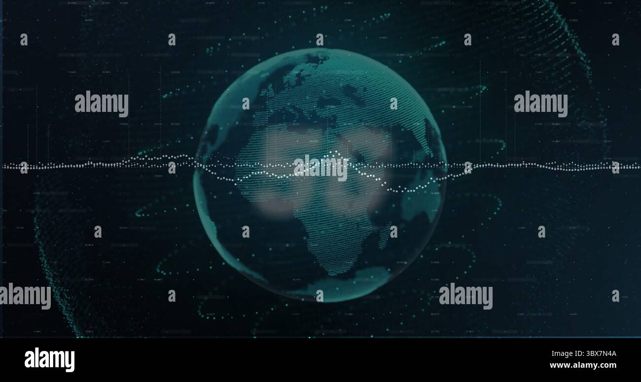 Spinning teal wireframe globe showing continents in data interface, with data waveform, grid ...