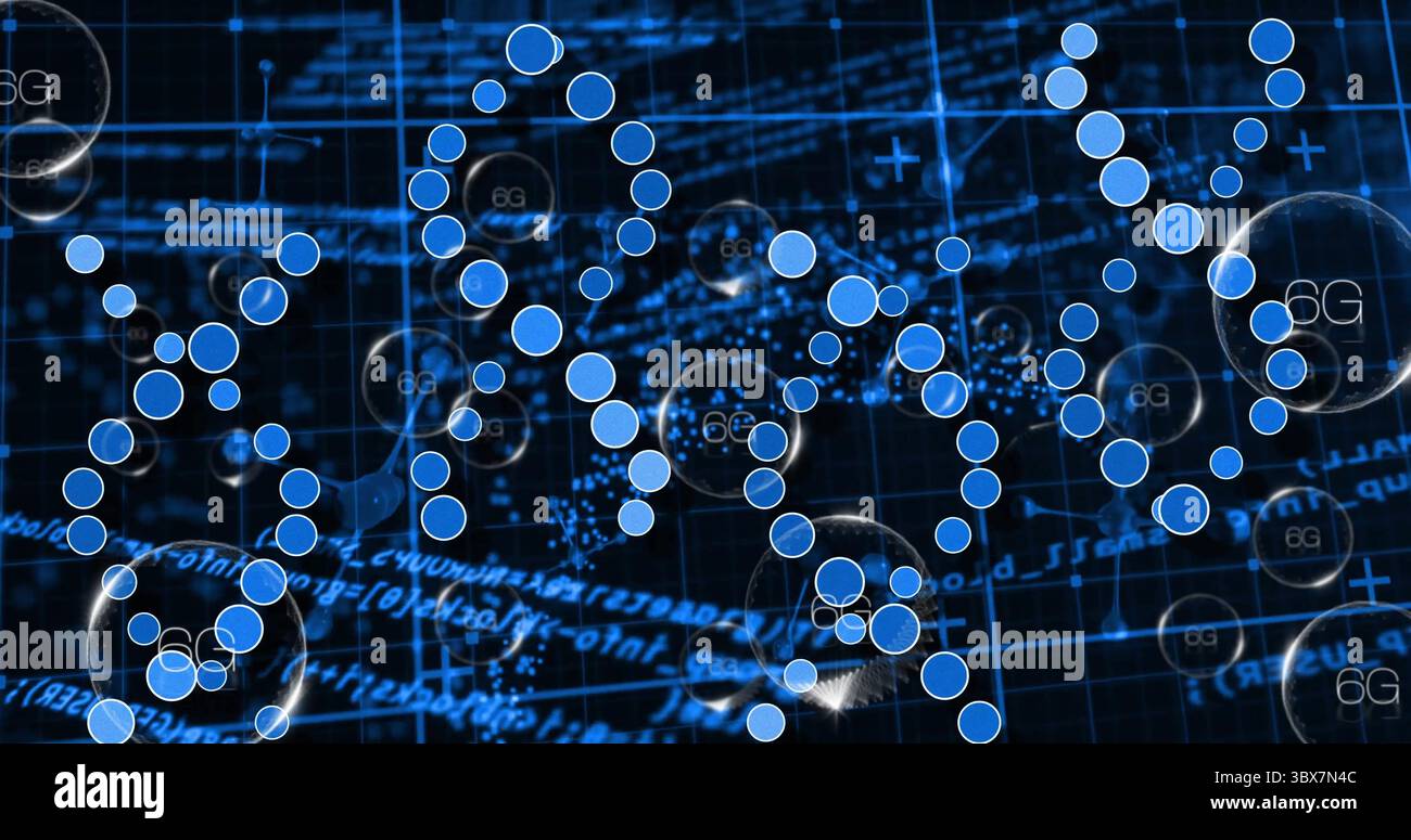 Floating blue rings and circles forming network nodes over digital grid ...
