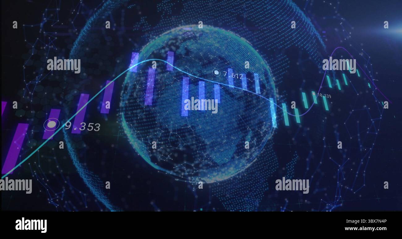 Floating 3D globe displaying neon bar and line graphs in data interface, with numerical labels ...