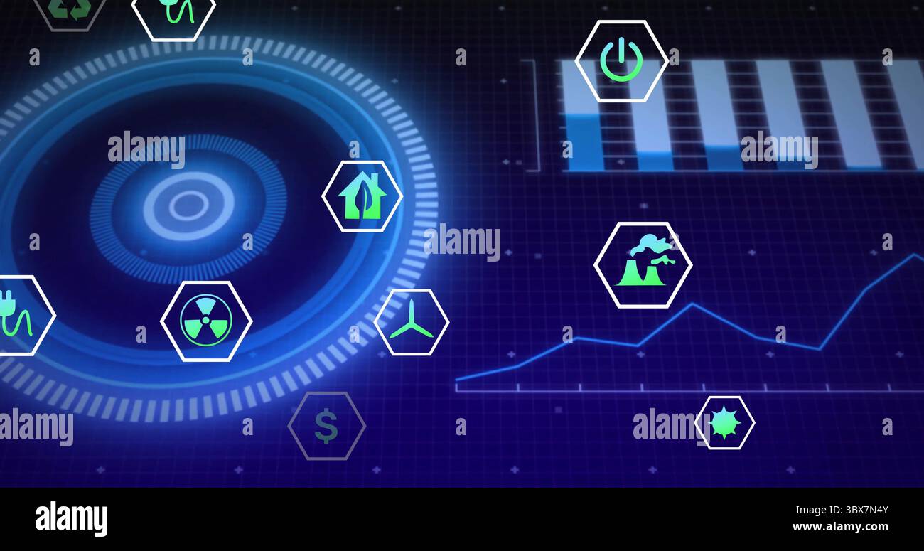 Displaying blue circular HUD element projecting data on digital ...