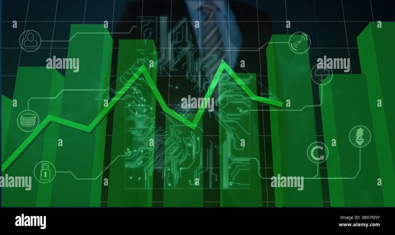 Standing executive wearing suit at dashboard showing green bar and line ...