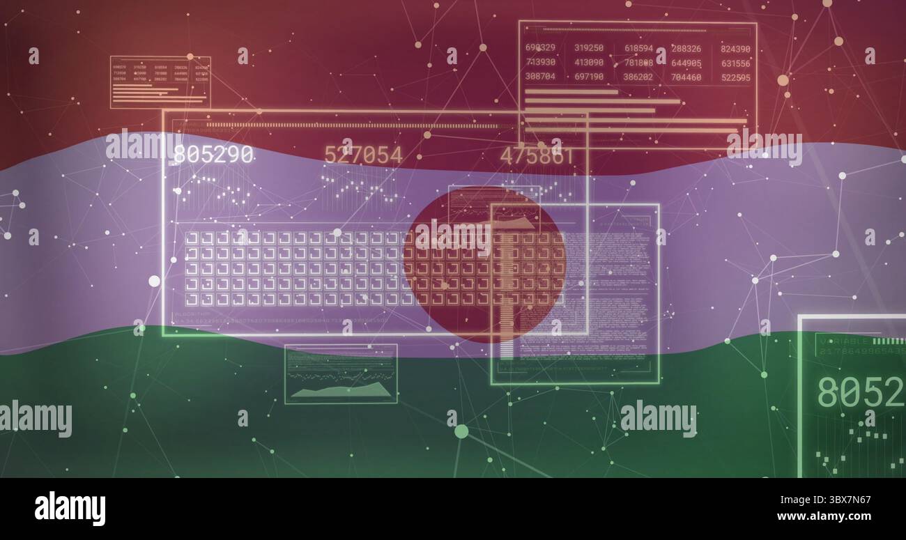 Floating data panels overlaying digital background showing numeric readouts icon grid network ...