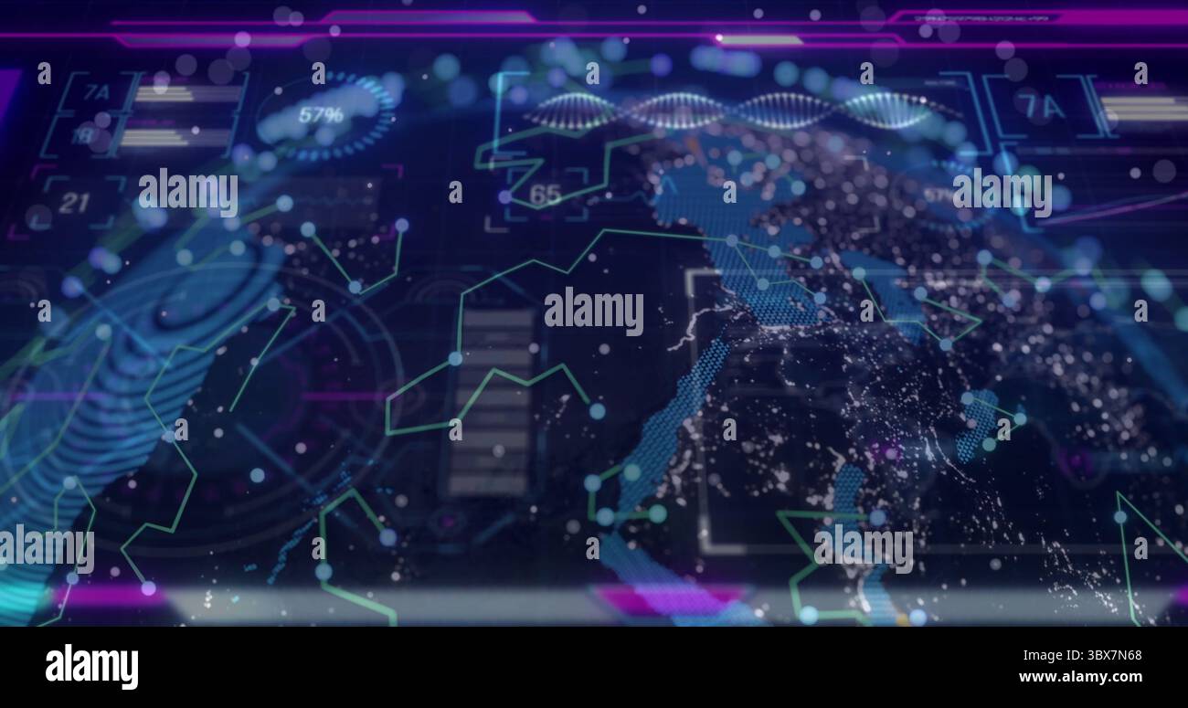 Projecting data overlays on central holographic globe in dashboard, with fingerprint and helix ...