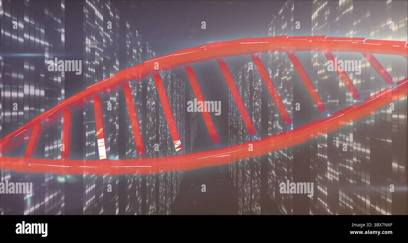 Glowing red DNA helix floating through futuristic towers at night, with ...