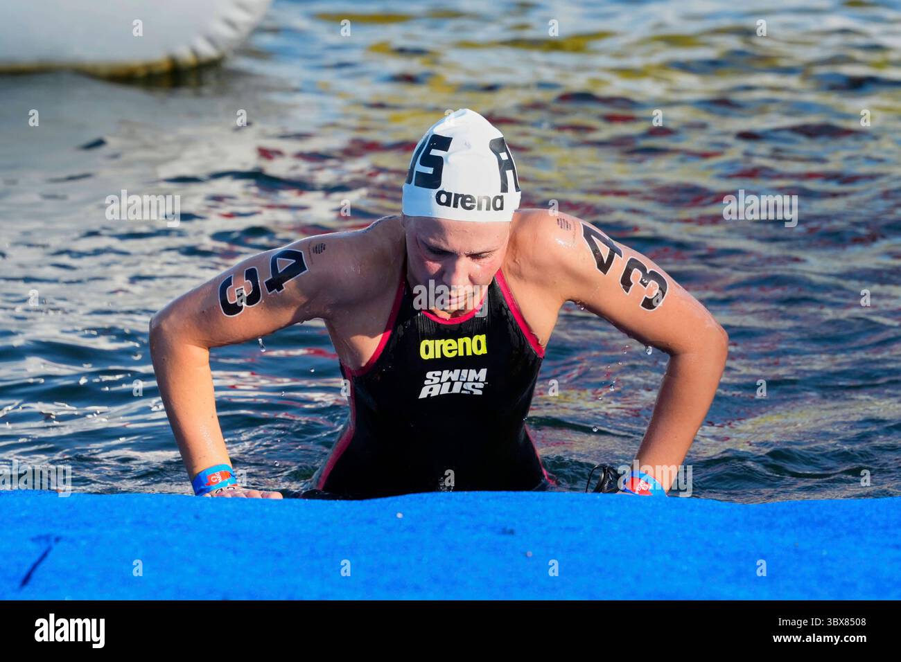 Moesha Johnson of Australia reacts after winning the women's 5km open ...
