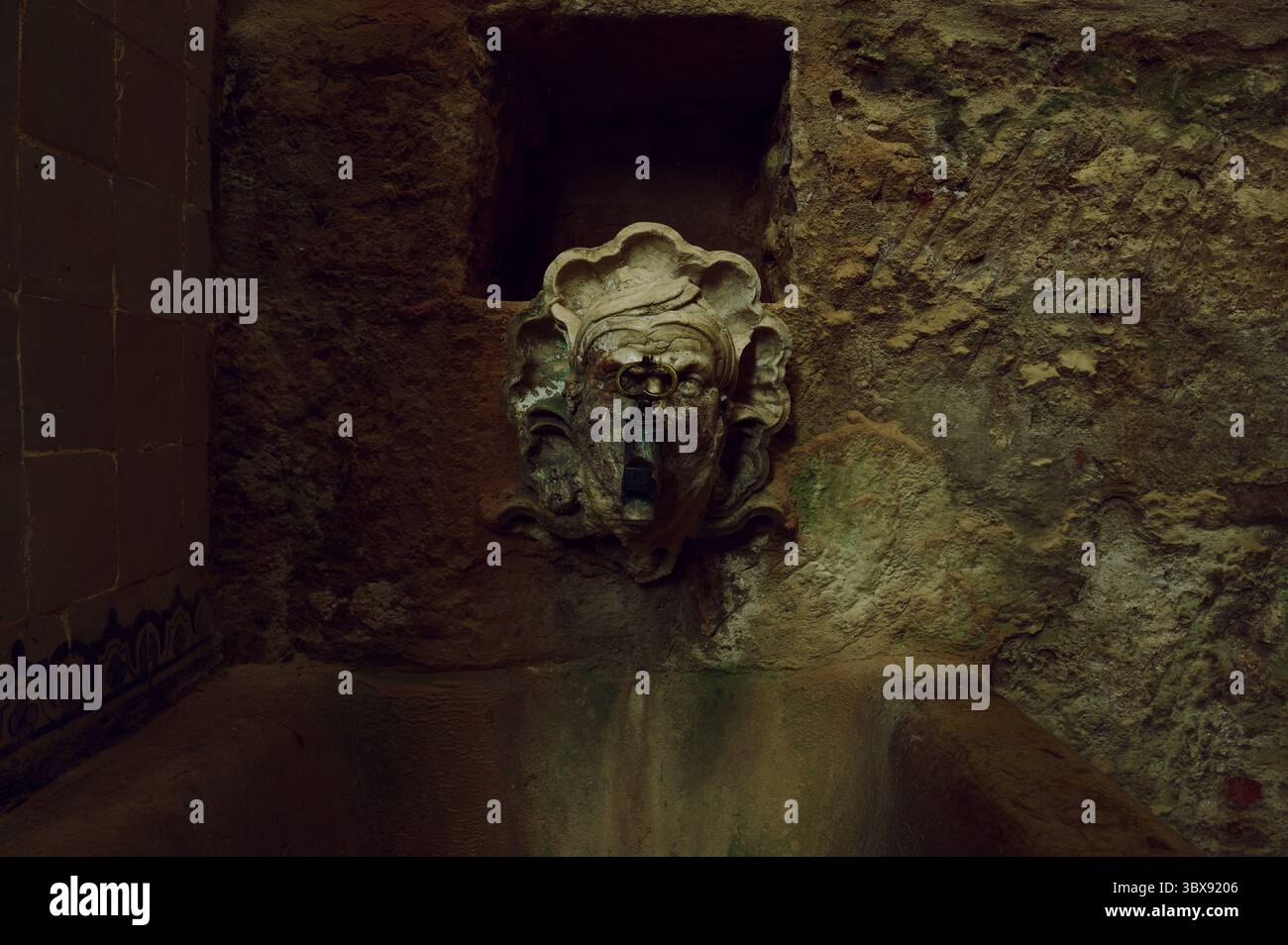 Ancient stone fountain with sculpted face and bronze tap inside the ...