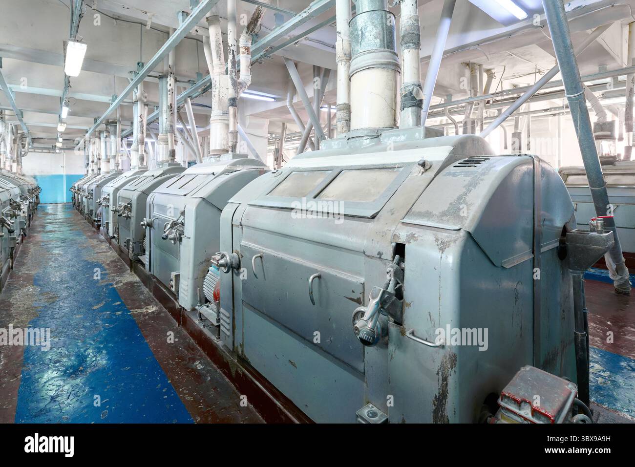 Roller mill flour milling machine in operation at a grain processing ...