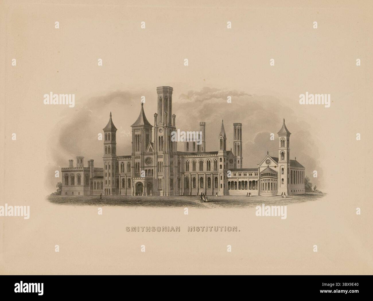 Historical lithograph view of the Smithsonian Institution Building ...