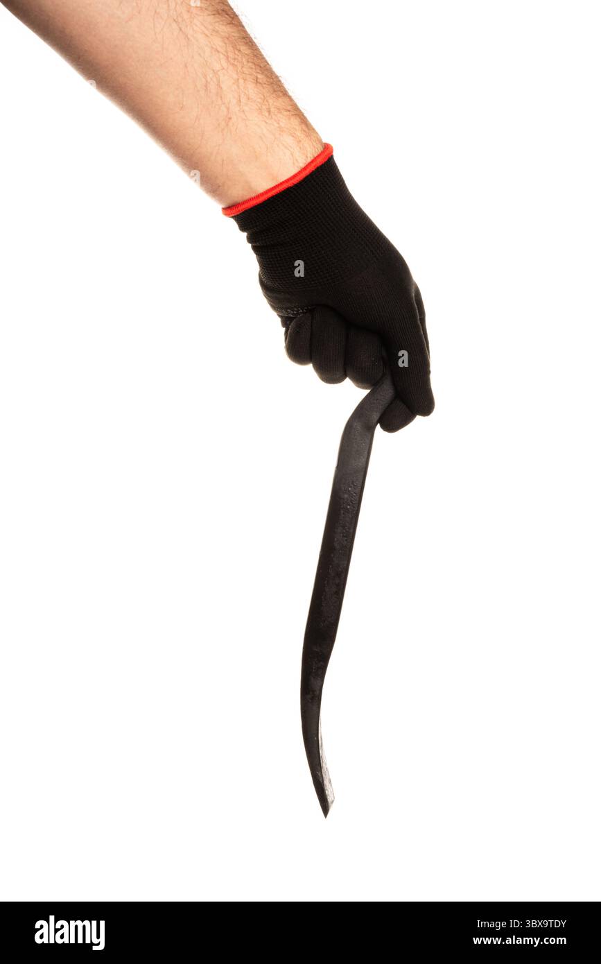 Metal black crowbar in a man's hand on a white background, isolate ...