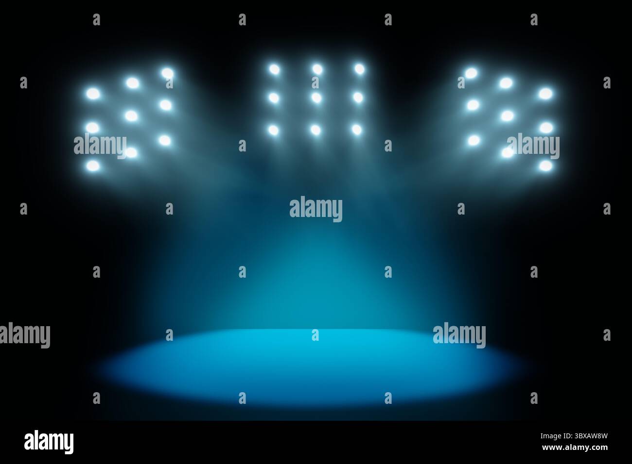 Flat design showing round stage glowing in blue spotlight with ...