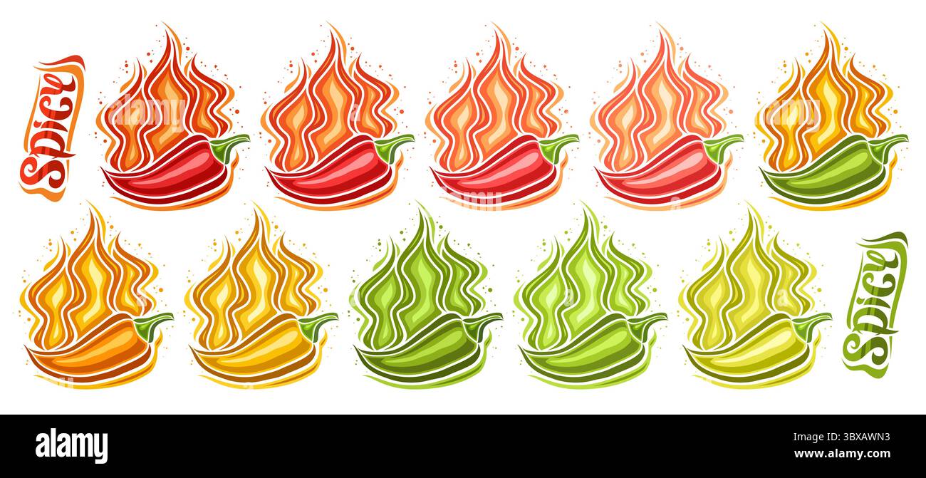 Vector Spicy Chili Pepper Set, group of 10 isolated outline ...
