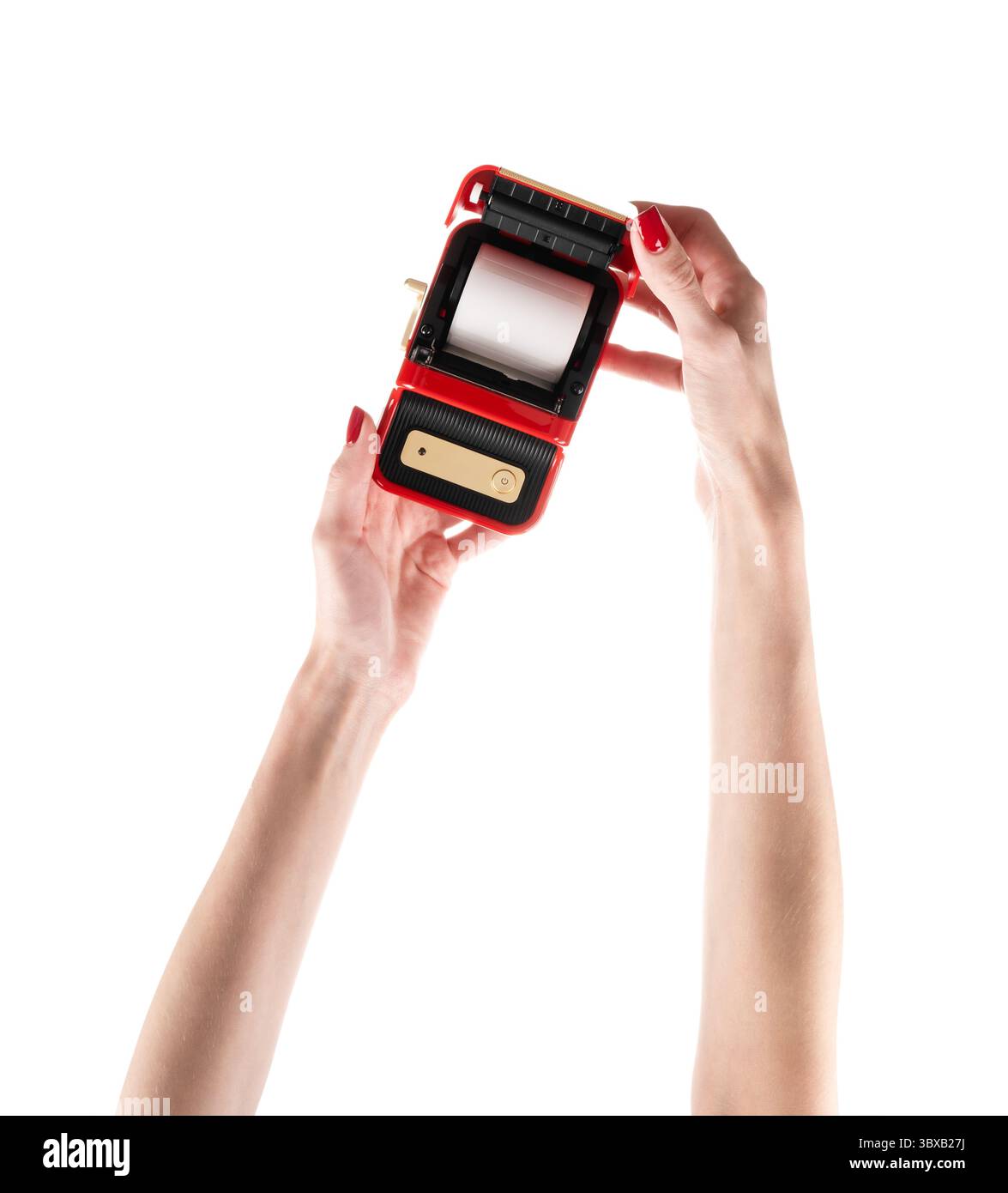 Small red printer for printing labels isolated on white background ...