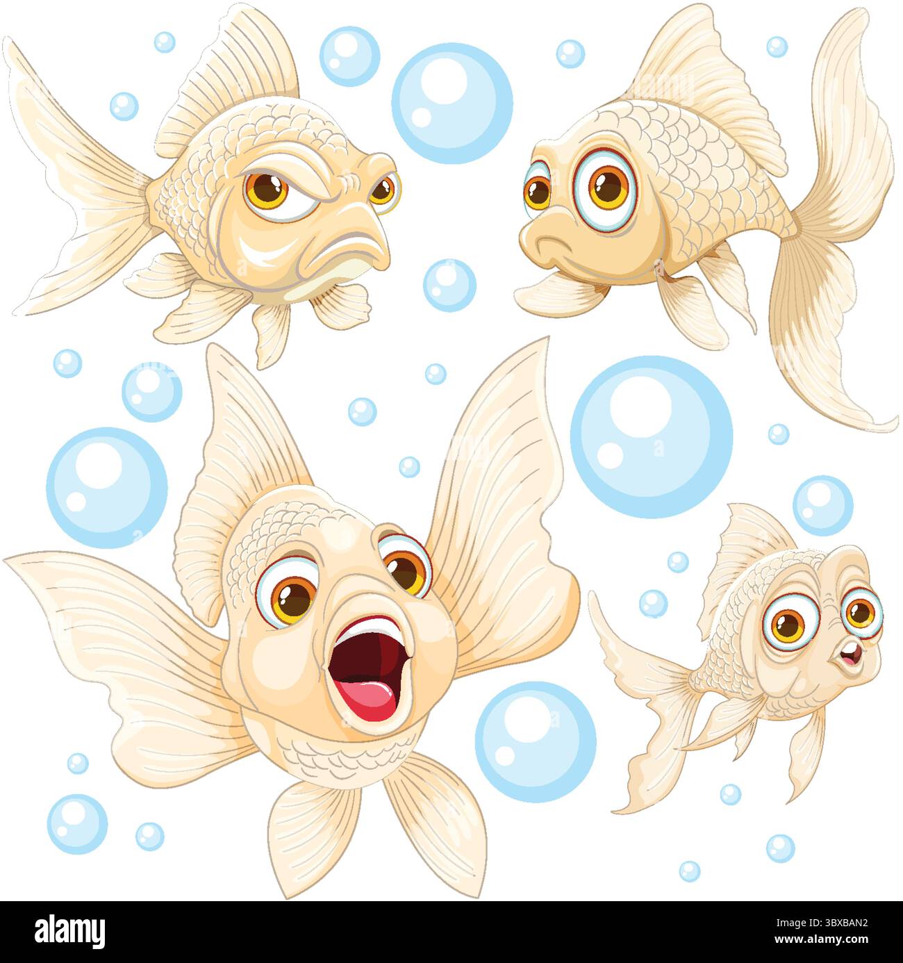 Vector illustration of animated goldfish with expressive faces ...