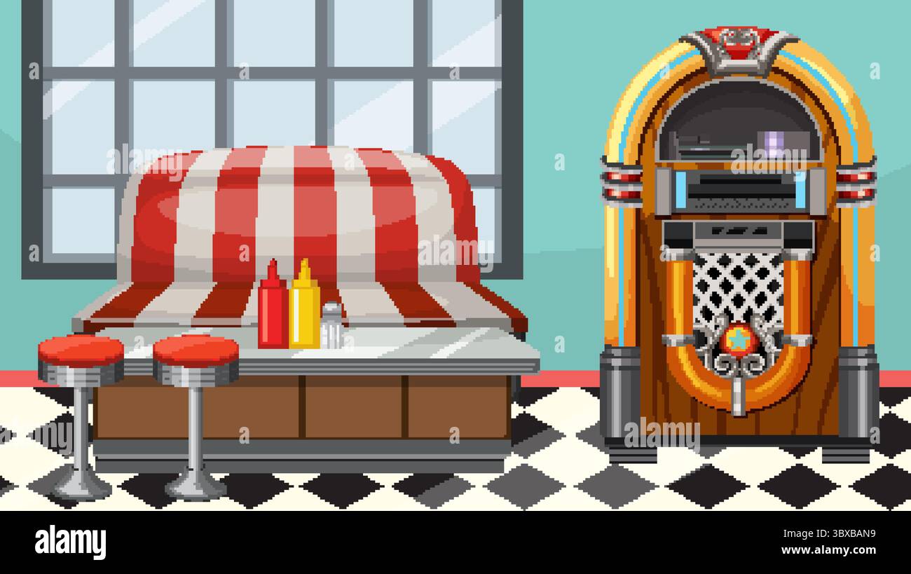 Vector illustration of a classic diner interior with a jukebox, red ...