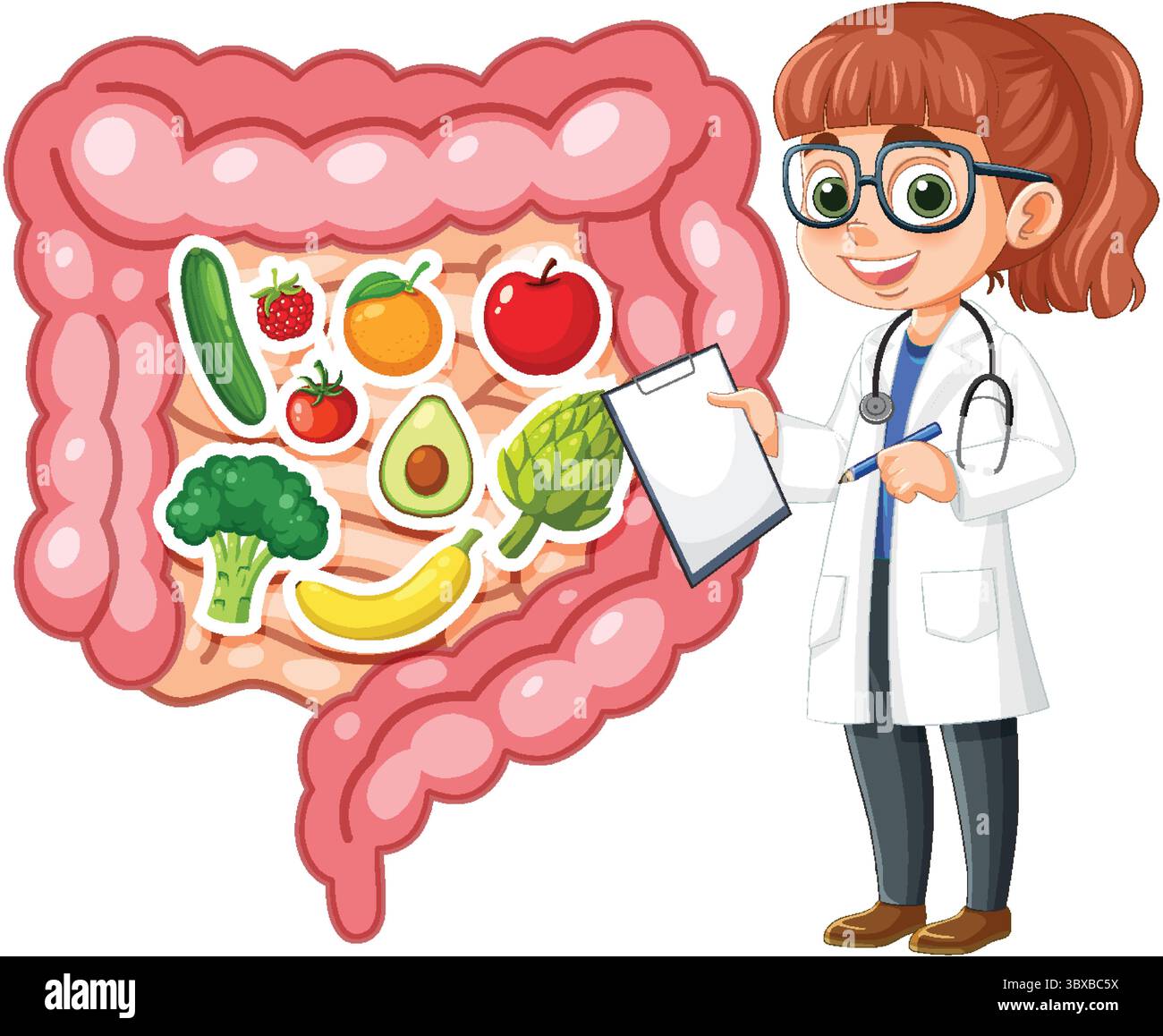 Vector illustration of a female doctor with clipboard beside a large ...