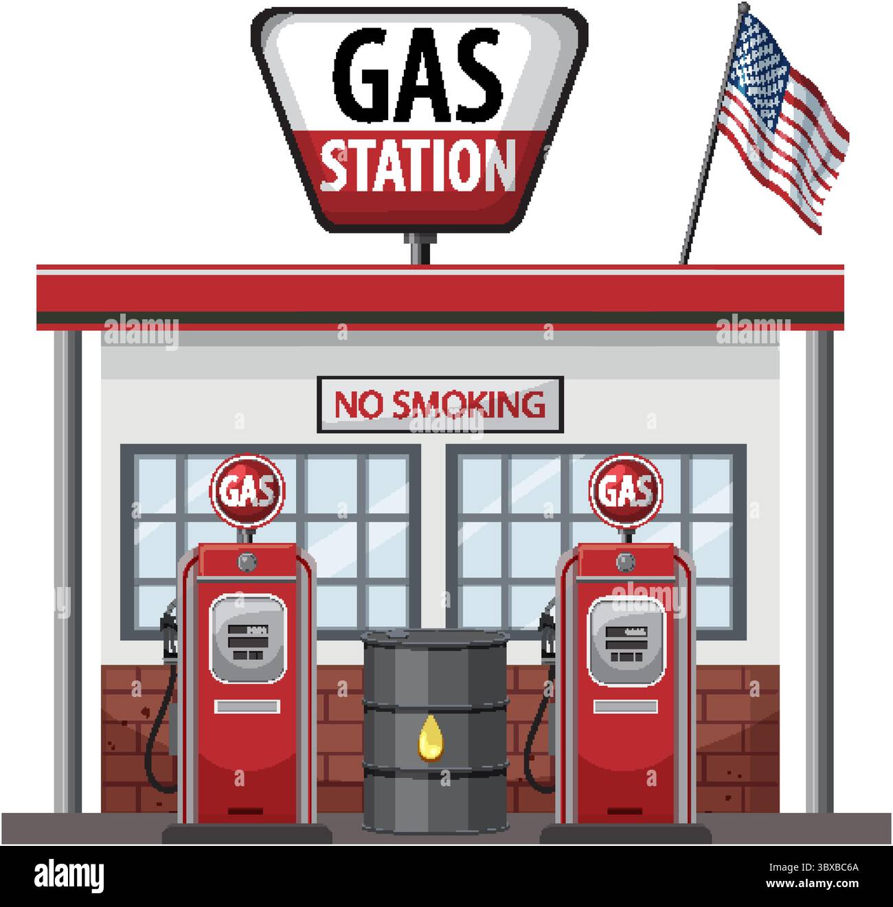 Vector illustration of a vintage gas station with red pumps and an ...