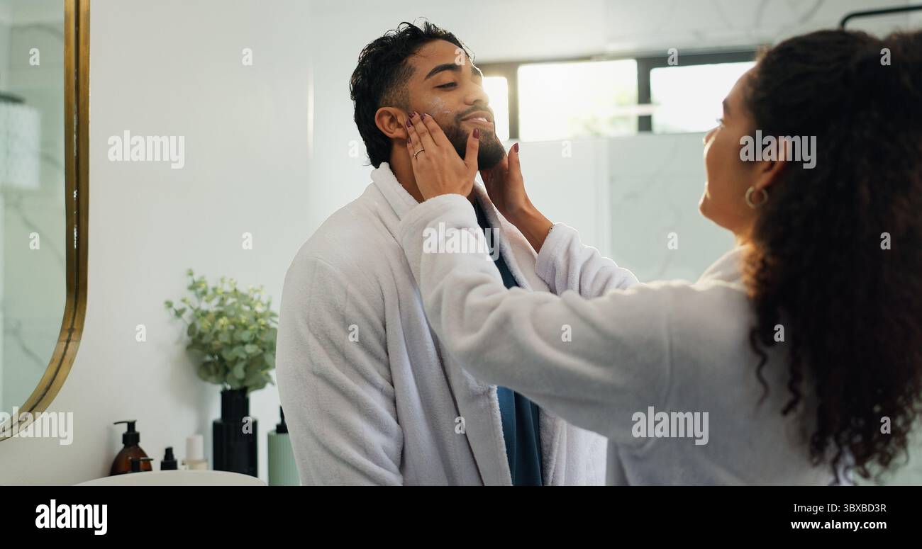 Skincare, cream and love with couple in bathroom for beauty, morning ...