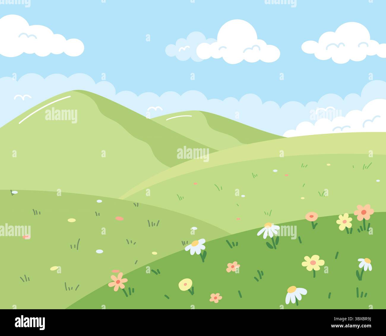 Cute cartoon landscape with green hills, blue sky, fluffy clouds, and ...