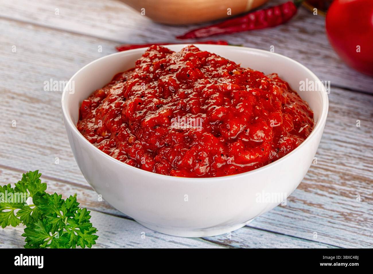 Bulgarian traditional lutenica pepper sauce dip Stock Photo - Alamy