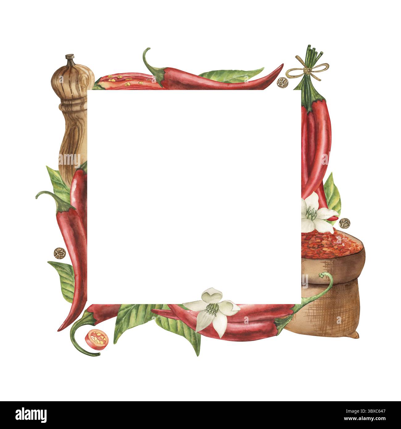 A square frame with red hot chili pepper pods, green leaves, flowers, a ...