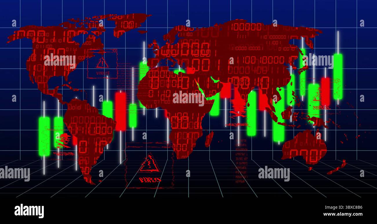 Displaying red world map with candlestick bars and binary digits on blue grid, with RISKS icon ...