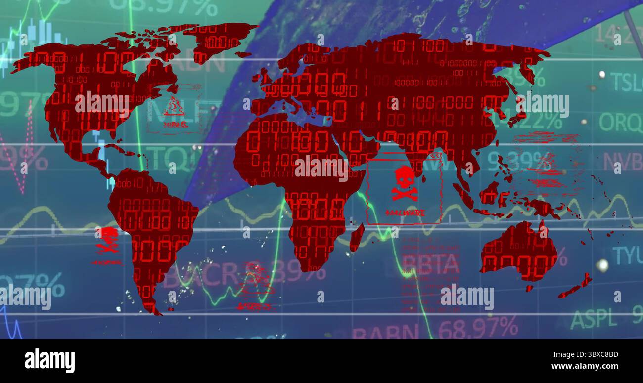 Displaying red world map silhouette in trading screen, with binary streams, skulls and stock ...