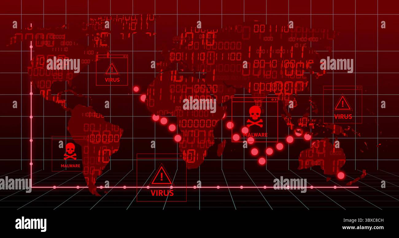 Displaying red world map tracing malware, virus markers on 3D grid network with binary code ...