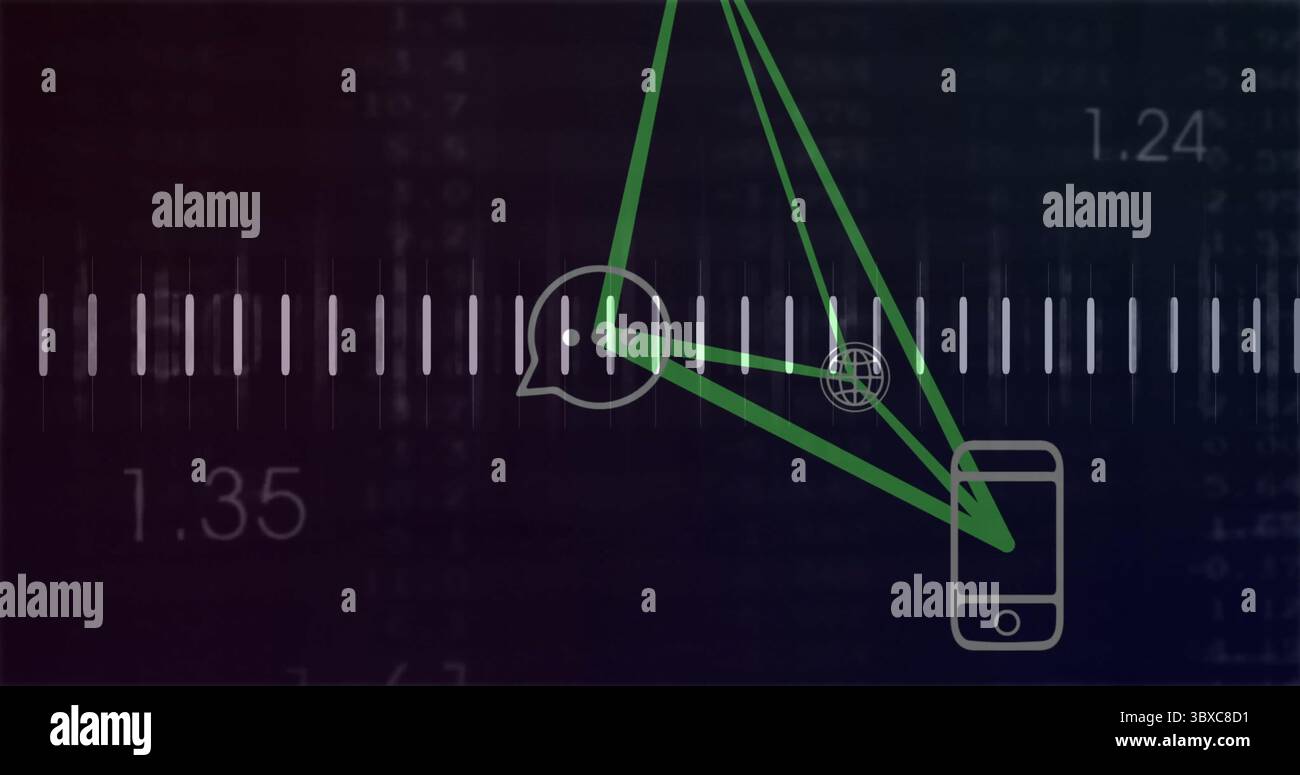 Displaying smartphone icon linking chat and globe via green lines on ...