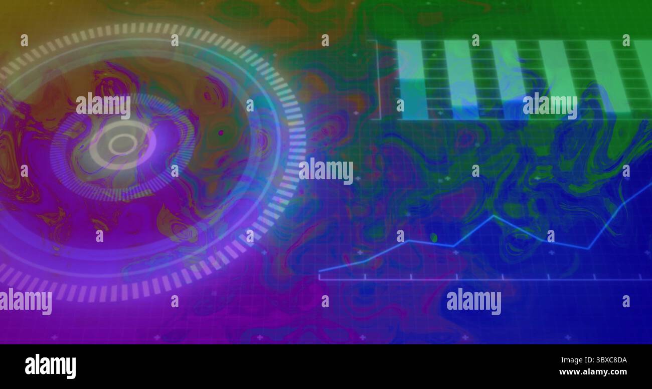 Displaying circular chart with bar chart, line graph and grid overlay ...
