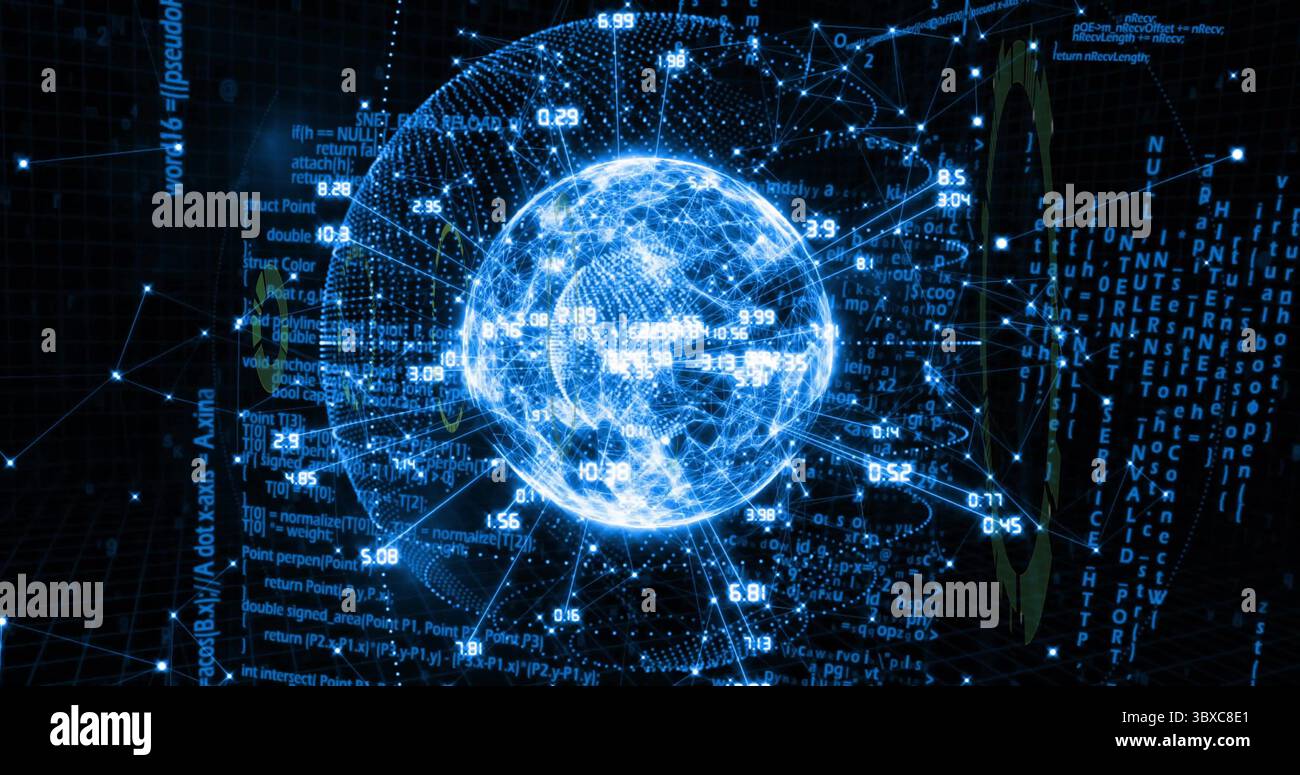 Floating digital globe representing data network in grid, with numeric ...