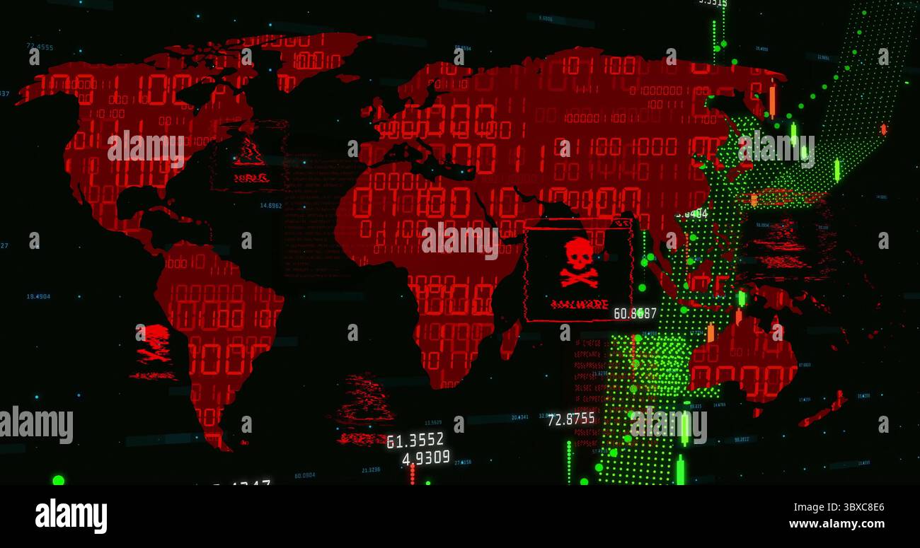 Displaying red world map at security screen, streaming binary code with green arrows, malware ...
