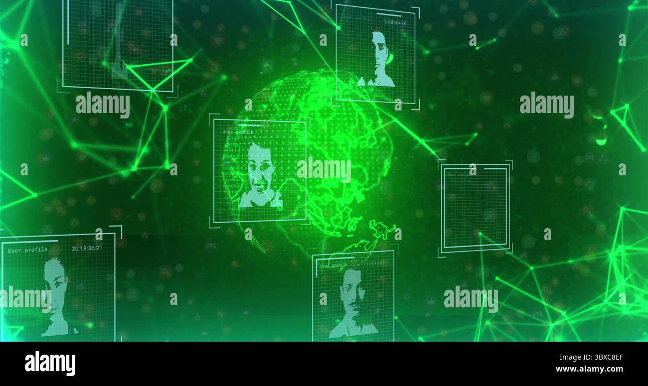 Displaying glowing wireframe Earth globe in cyberspace, with neon-green network lines, data ...