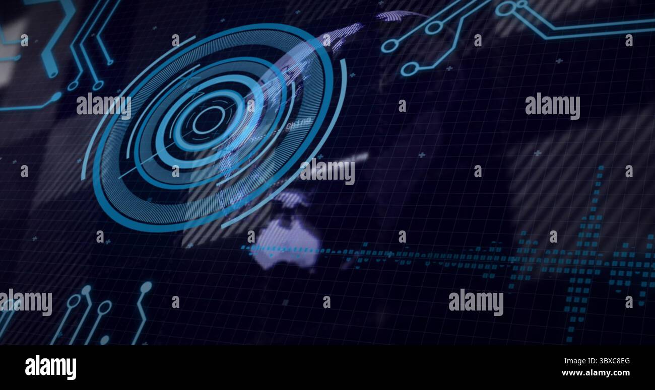 Displaying blue concentric HUD overlaying world map and circuit traces, on dark grid interface ...