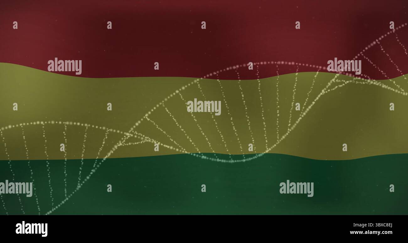 Undulating dotted DNA double helix moving across horizontal digital ...