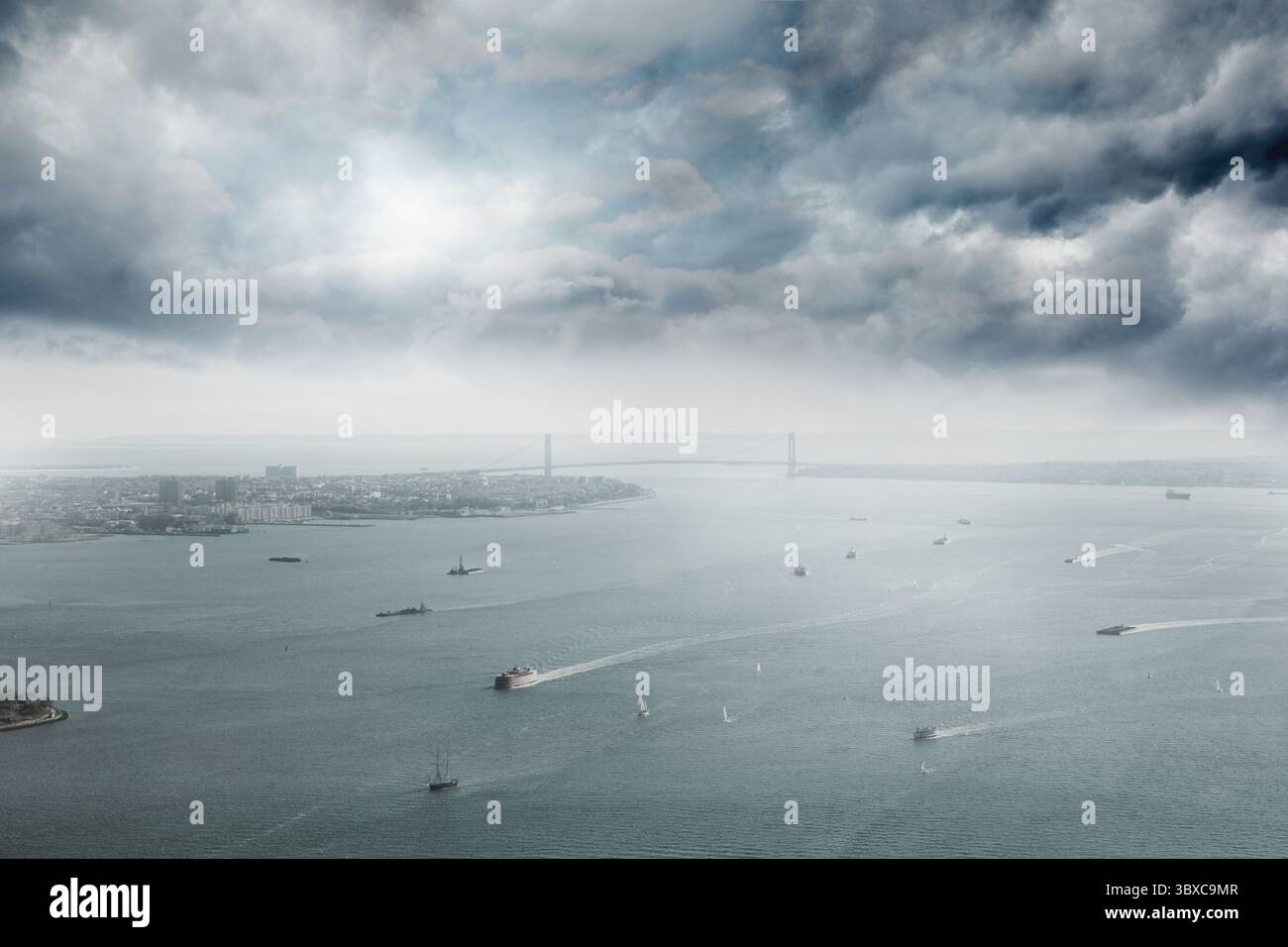 Vector art showing bay with passenger ferry sailboats cargo ships ...