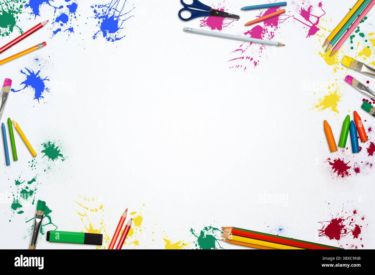 Blank white sheet is resting in flat design with paint splatters and ...