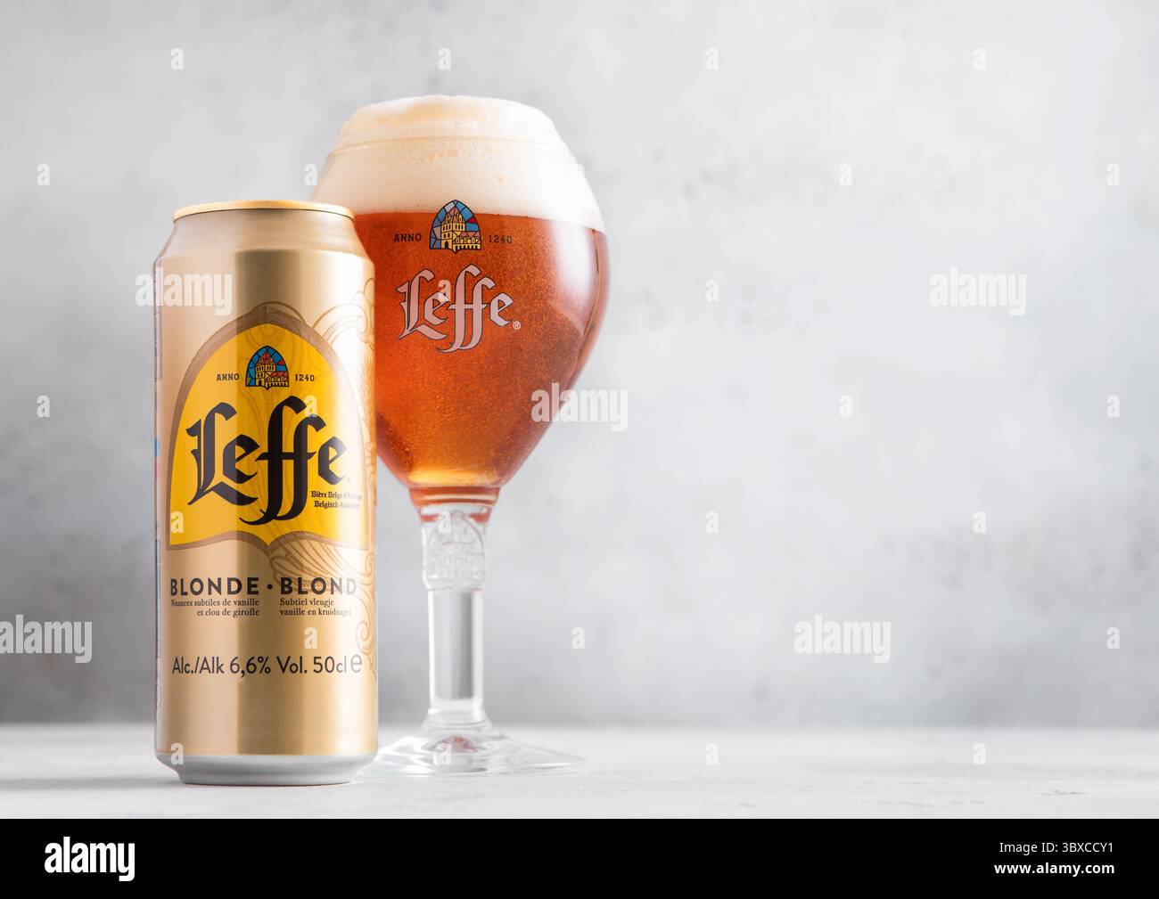 LONDON,UK - JULY 06,2025: Leffe Blond lager beer with aluminium tin and ...