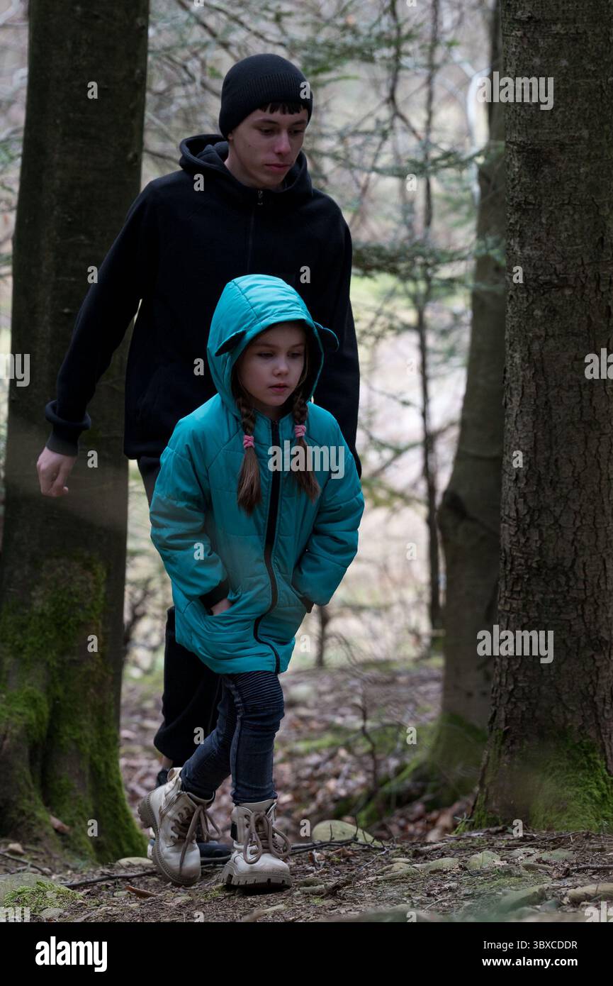 Two siblings wander through a quiet forest, surrounded by towering ...