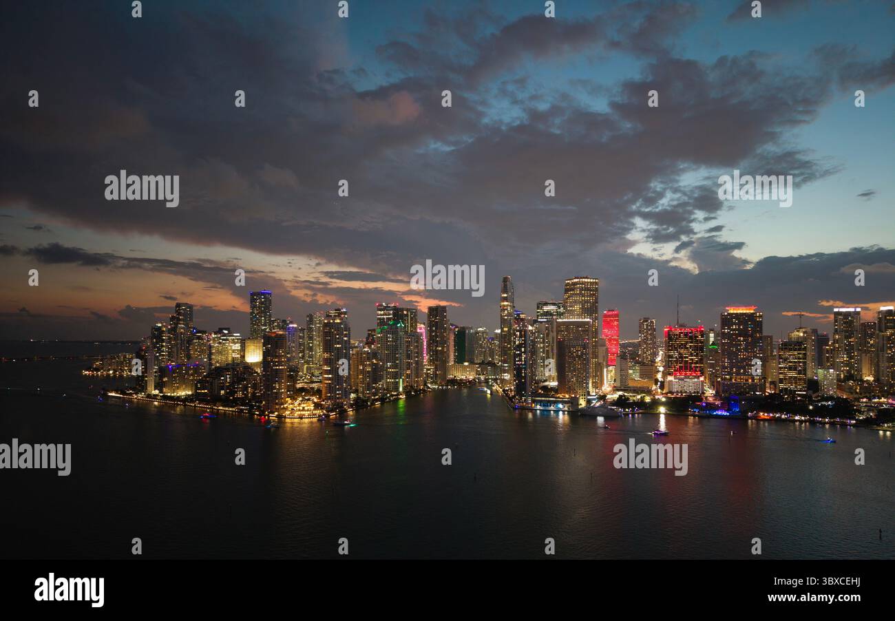 Aerial night view of Brickell skyline in downtown Miami. Skyscrapers ...