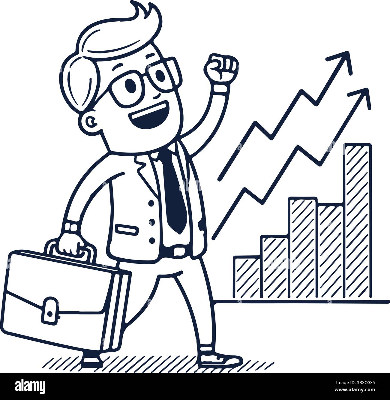 Business Success Mascot Line Art Icon – Character Holding Briefcase and ...