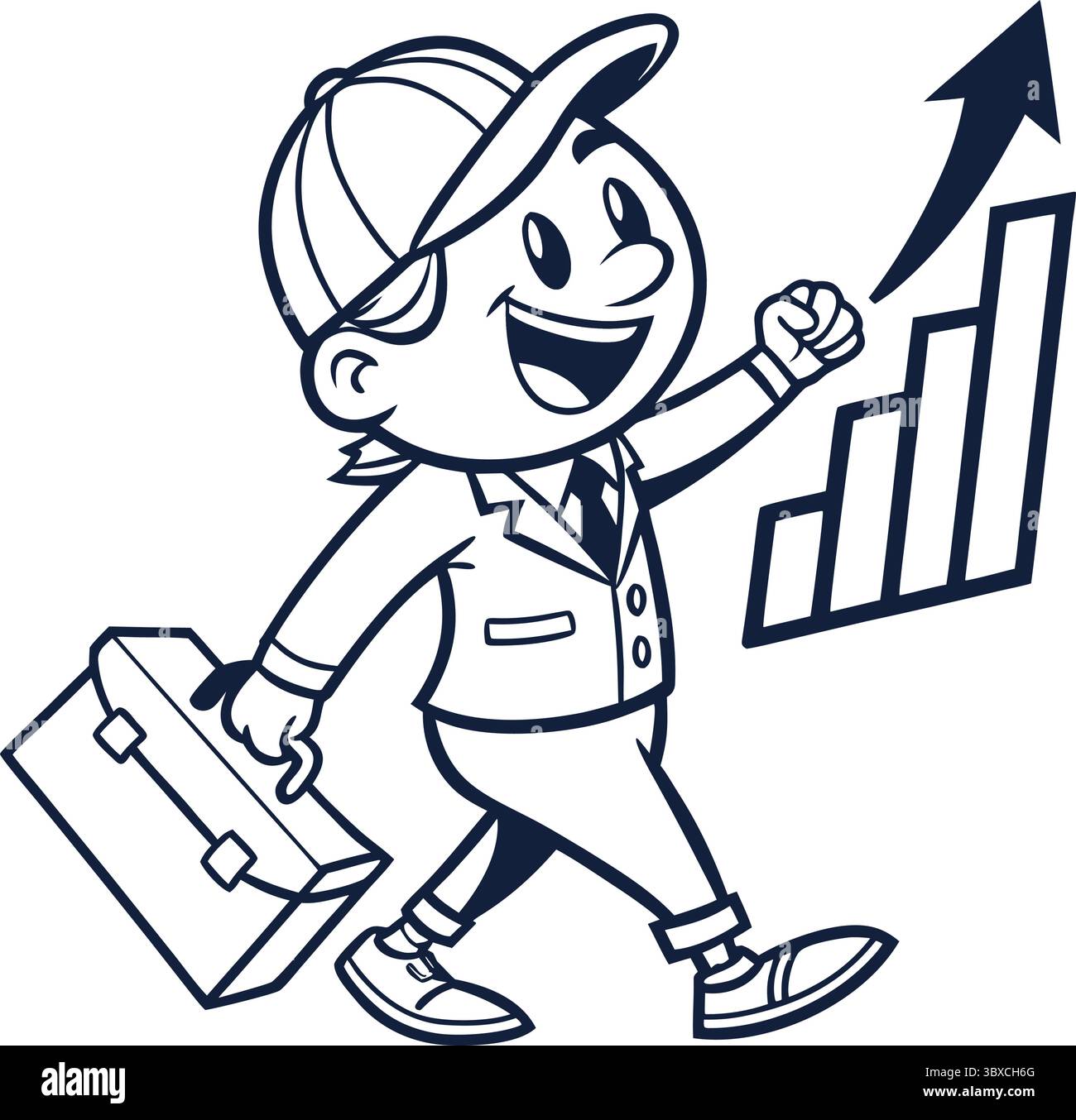 Business Success Mascot Line Art Icon – Character Holding Briefcase and ...