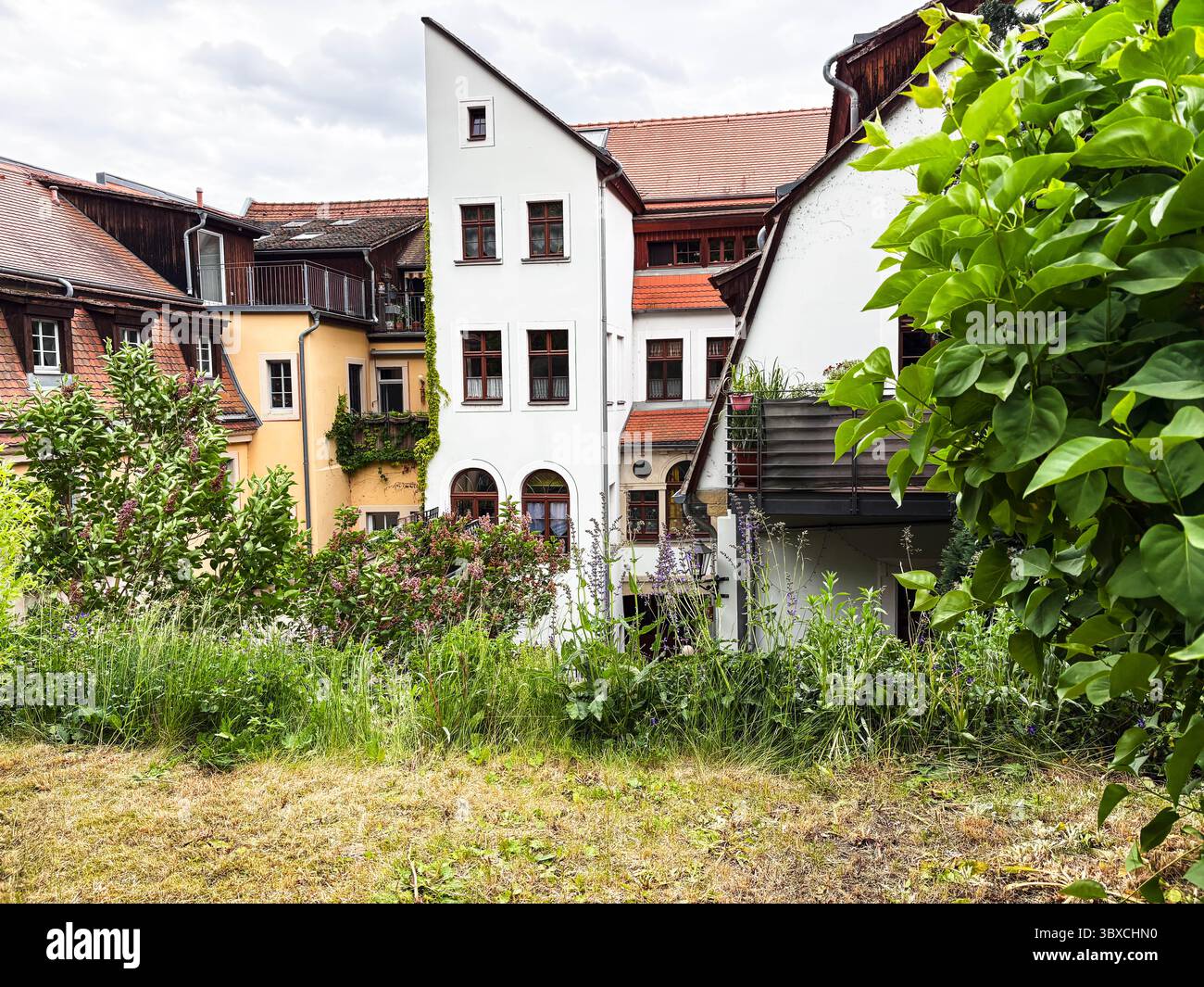 View of old houses in Pirna. Architecture of a small German town with ...