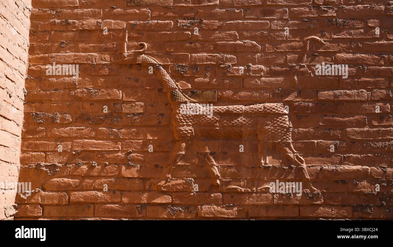 Relief of a goat carved into a brick wall showcasing ancient Babylonian ...