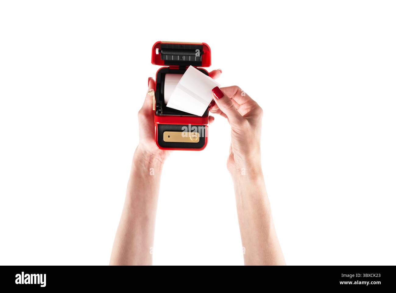 Small red printer for printing labels isolated on white background ...