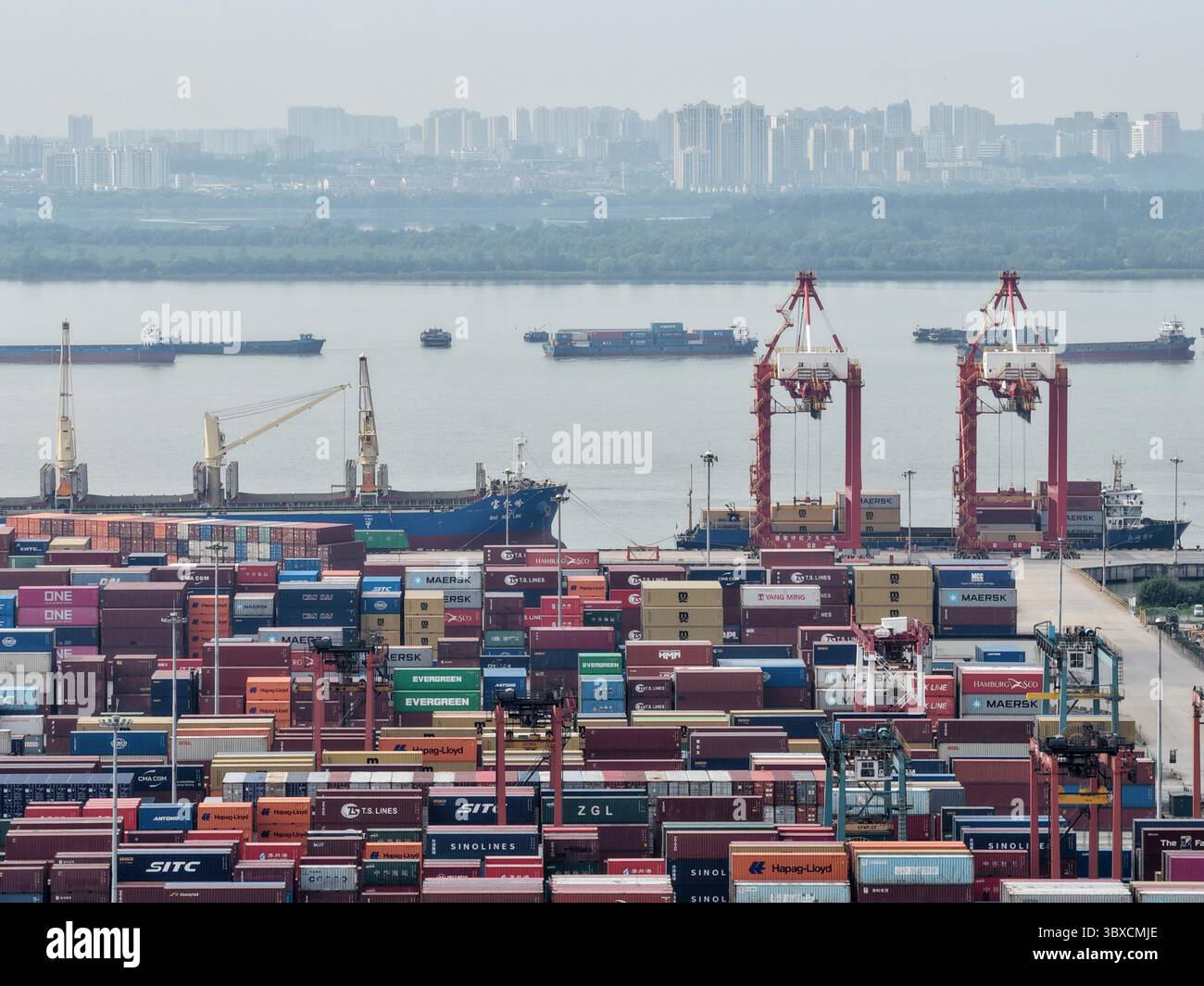 Aerial photo shows the busy container terminal at Yangzhou Port in ...