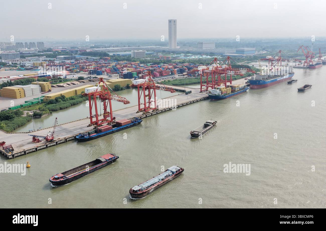 Aerial photo shows the busy container terminal at Yangzhou Port in ...