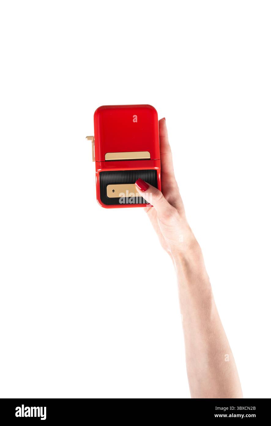 Small red printer for printing labels isolated on white background ...