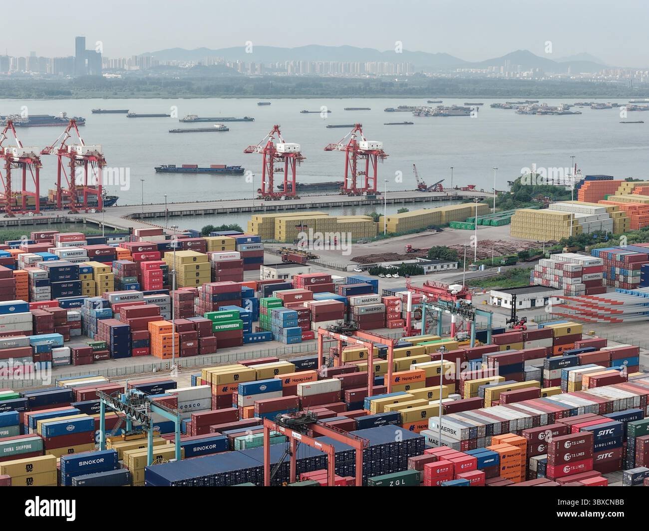 Aerial photo shows the busy container terminal at Yangzhou Port in ...
