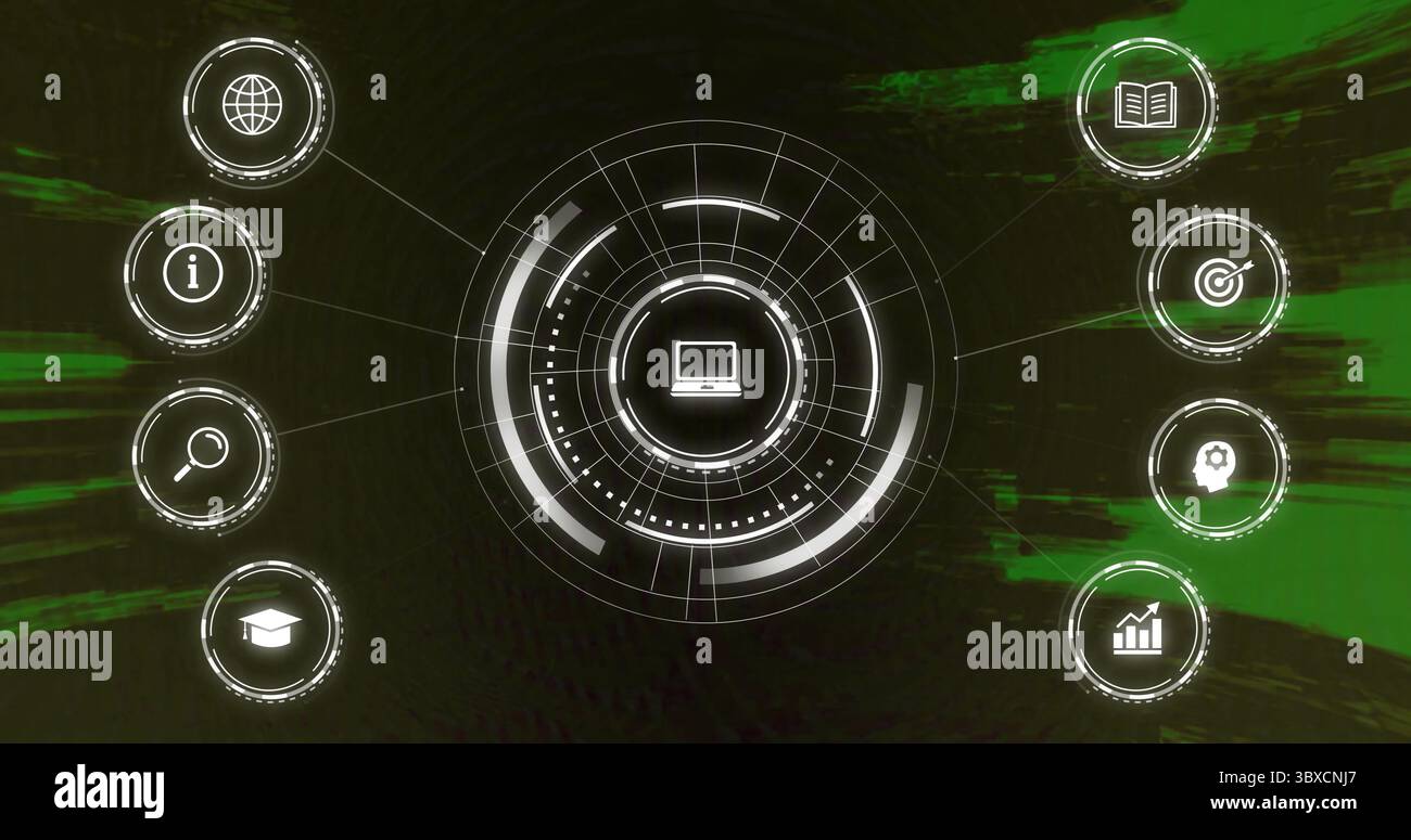 Displaying circular user interface hub glowing on futuristic screen, with laptop icon and 8 ...