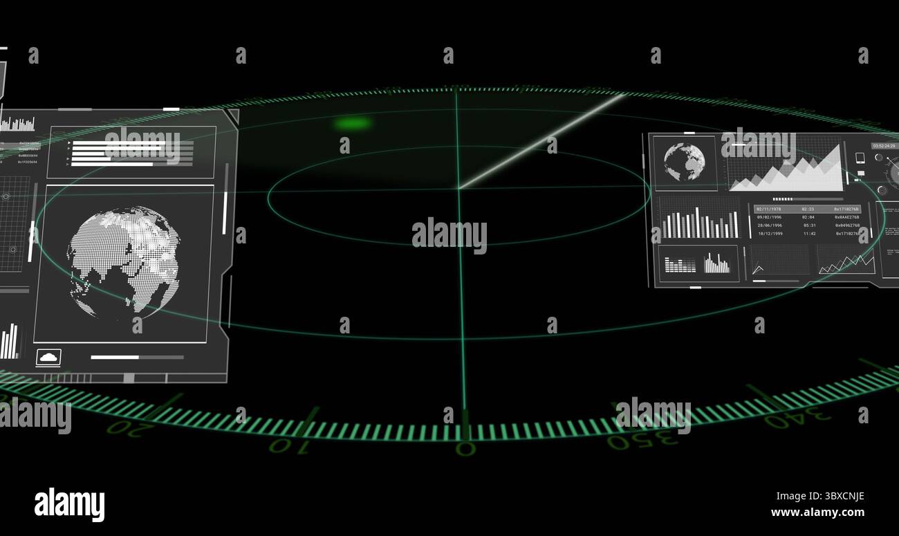 Rotating radar grid sweeping command HUD displaying globe with data charts and numeric readouts ...